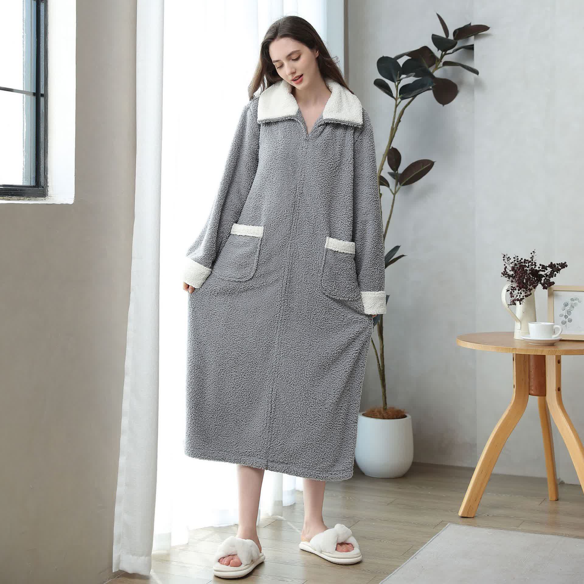Ownkoti Soft Fleece Warm Zippered Long Nightgown – ownkoti