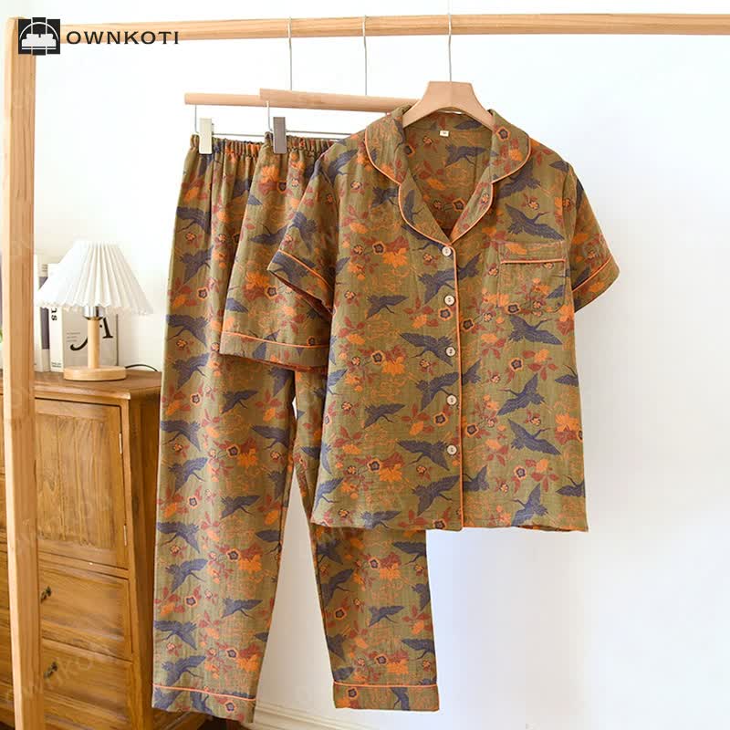 Ownkoti Jacquard Floral Bird Cotton Pajama Set(3PCS) – ownkoti
