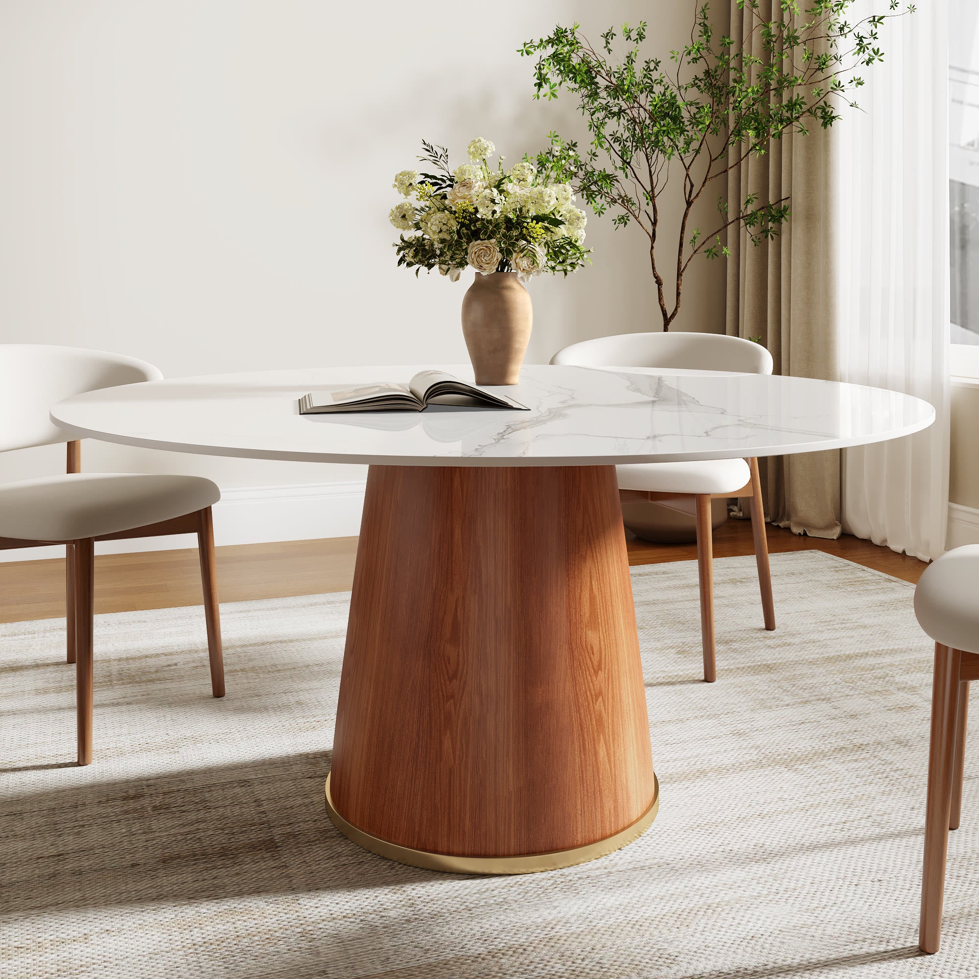 Round Dining Table With Solid Wood Bucket Base For 4-8 People – ownkoti
