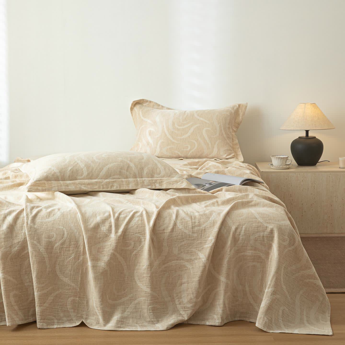 Ownkoti Beige Curve Textured Cotton Linen Bedspread – ownkoti